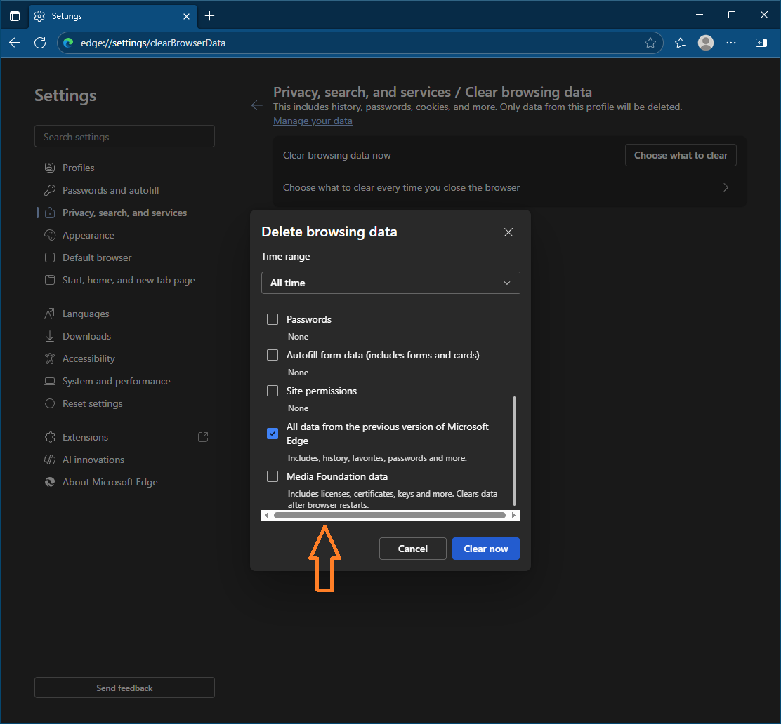 Topic: Horizontal scrollbar in MS Edge “Delete browser data” dialog ...